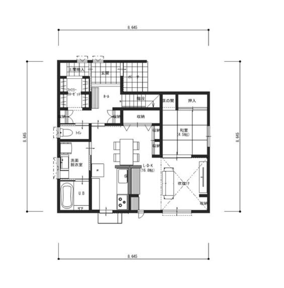 吹き抜けで自然光溢れる家事動線がコンパクトな4LDK、37坪デザインの家 | エフエフ住宅の間取り例【くふうイエタテ】